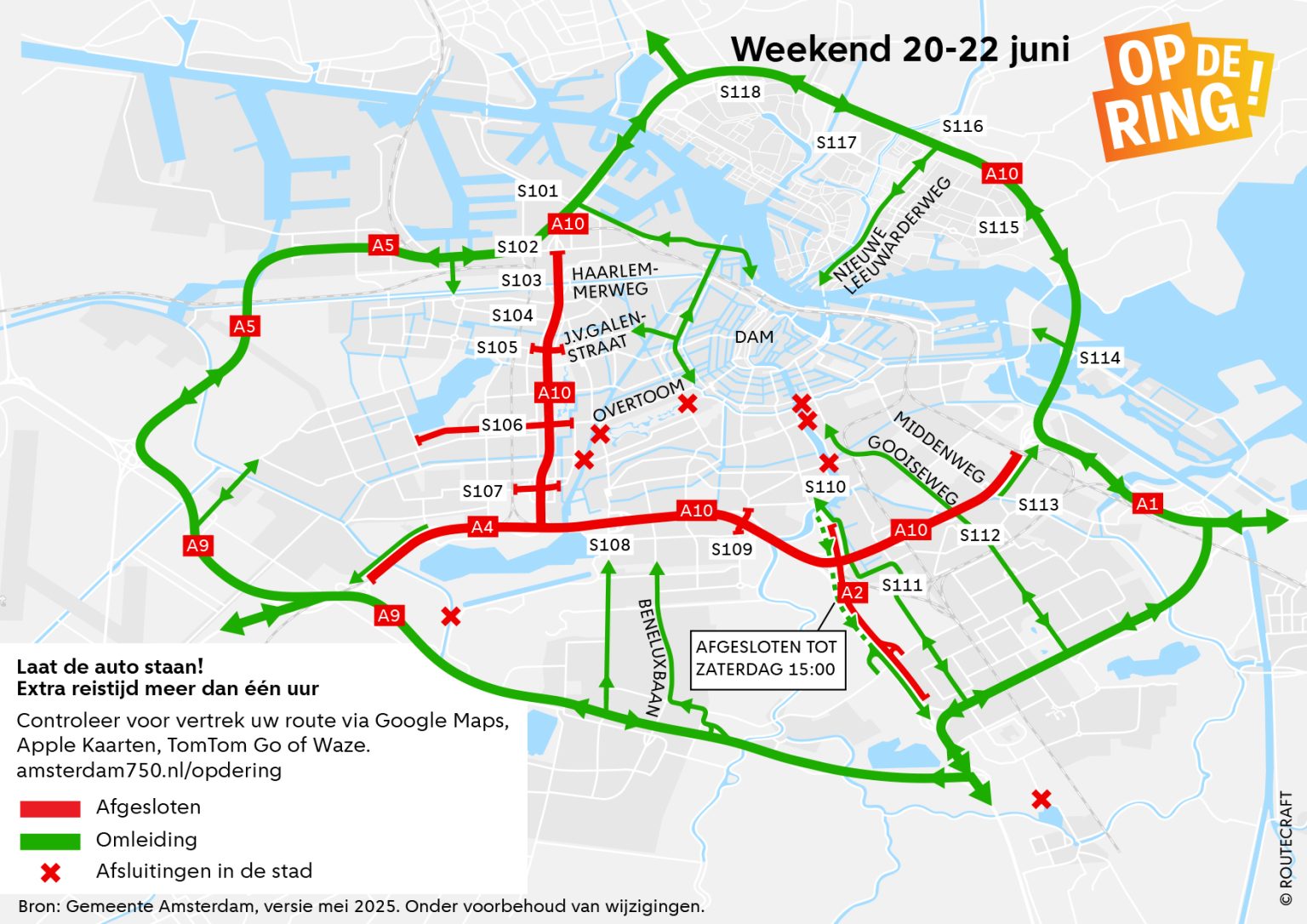 Zaterdag 21 juni ring A10 voor groot gedeelte onbegaanbaar voor verkeer